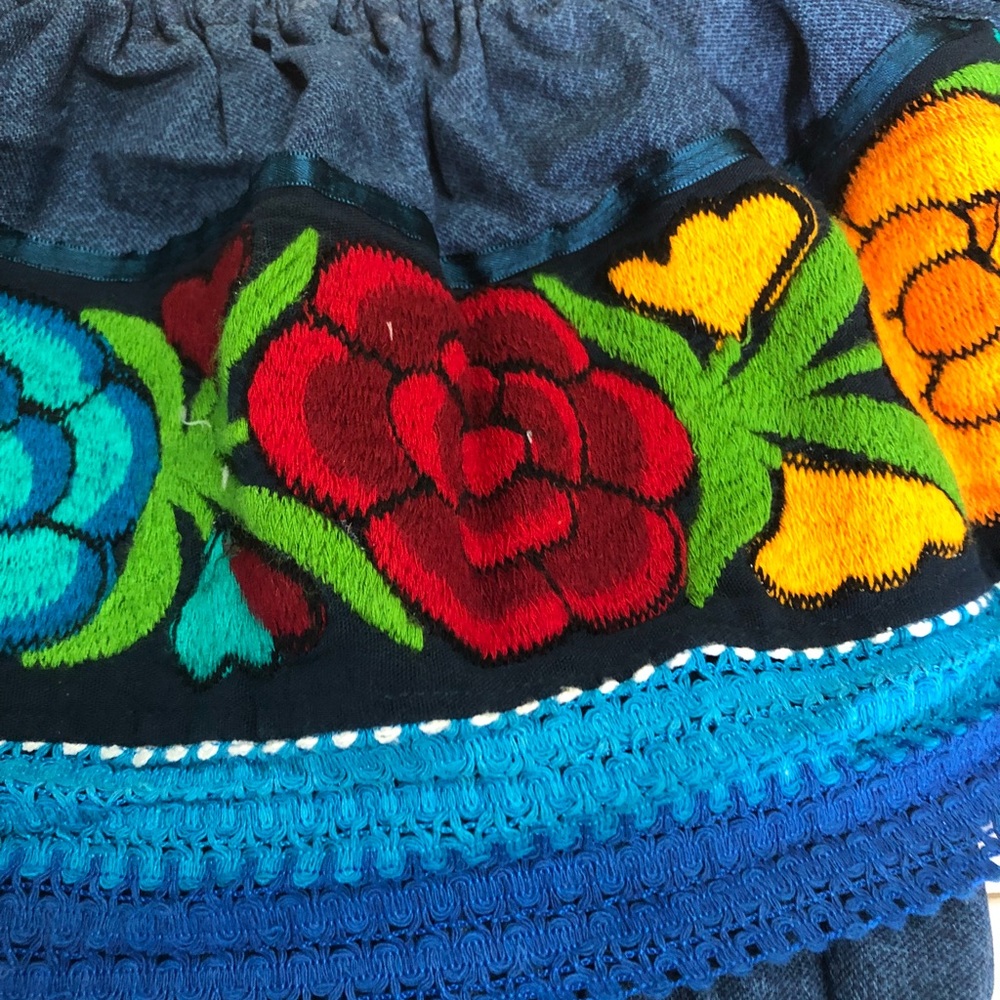 Spanish Style Top ... Flower Design ... Denim - Gem